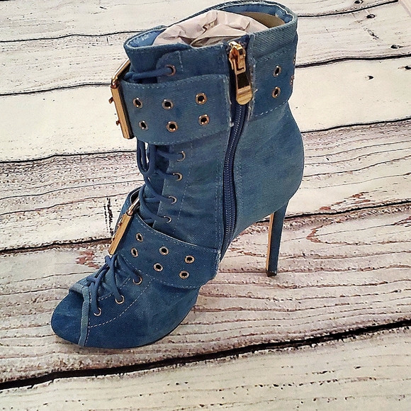 Shoes | Womens Denim Lace Up Peep Toe Bootie Mutliple Sizes Available ...
